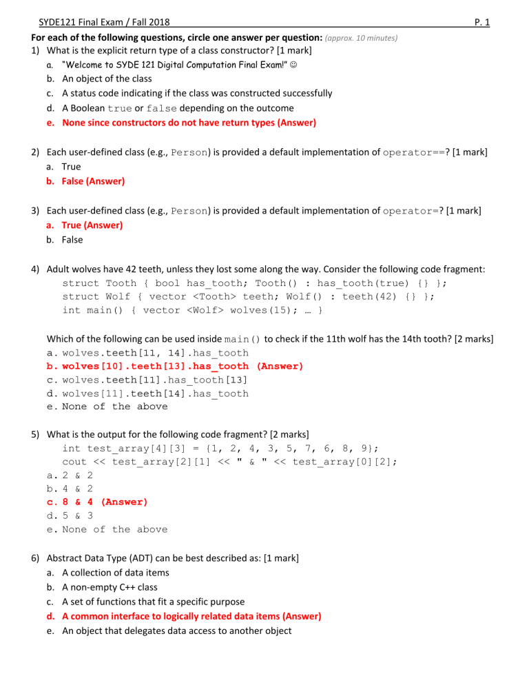 SYDE121 C++ Final Exam 2018