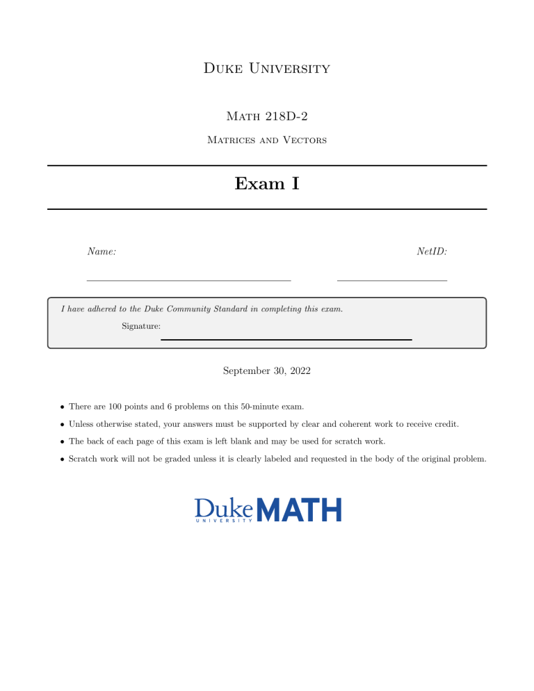 Duke Math 218D Matrices and Vectors Exam I