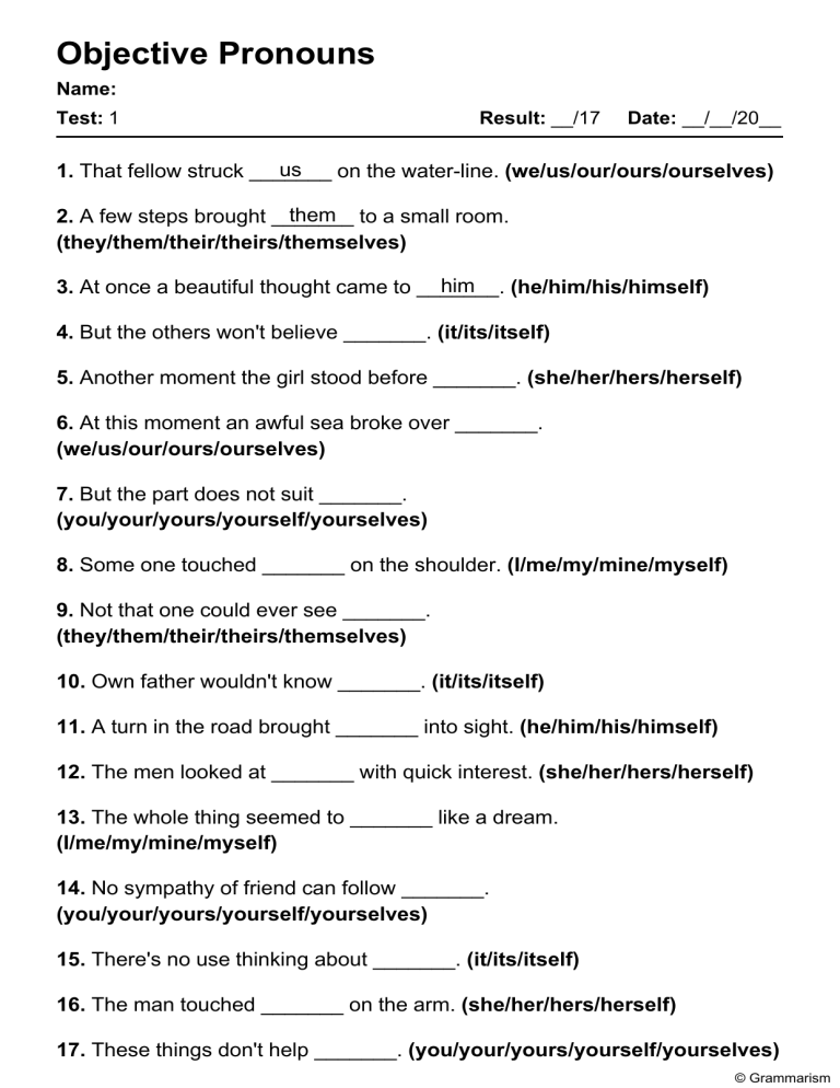 Objective Pronouns Grammar Worksheet
