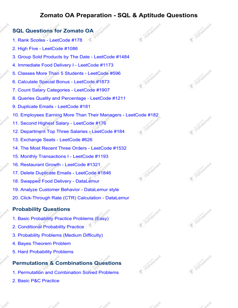 Zomato OA Prep: SQL & Aptitude Questions