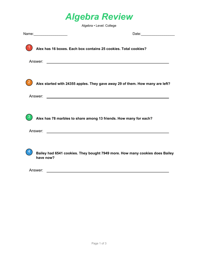Algebra Review College Level Worksheet