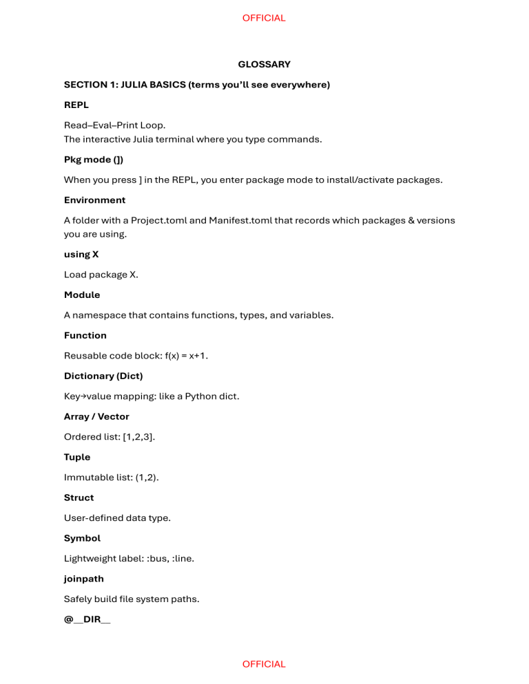 PowerModelsDistribution Julia Glossary