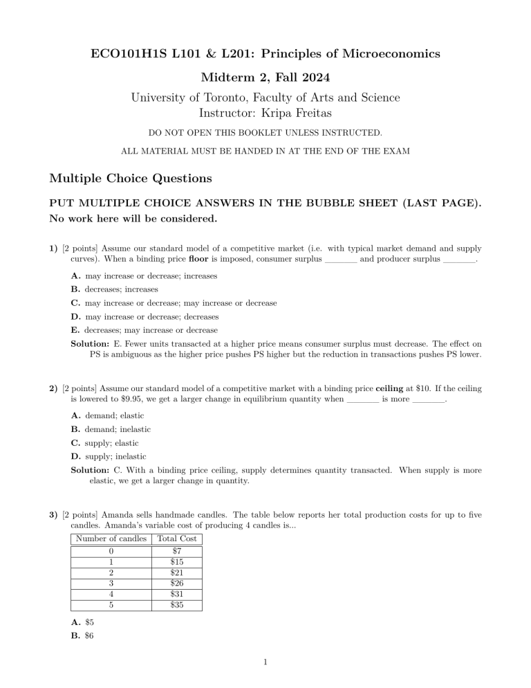 ECO101 Microeconomics Midterm Exam UofT