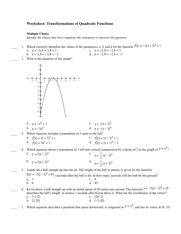 Quadratic Functions Transformations Worksheet