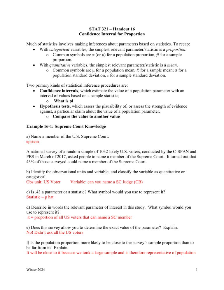 Confidence Interval for Proportion Handout