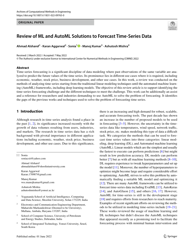 Review of ML & AutoML for Time-Series Forecasting