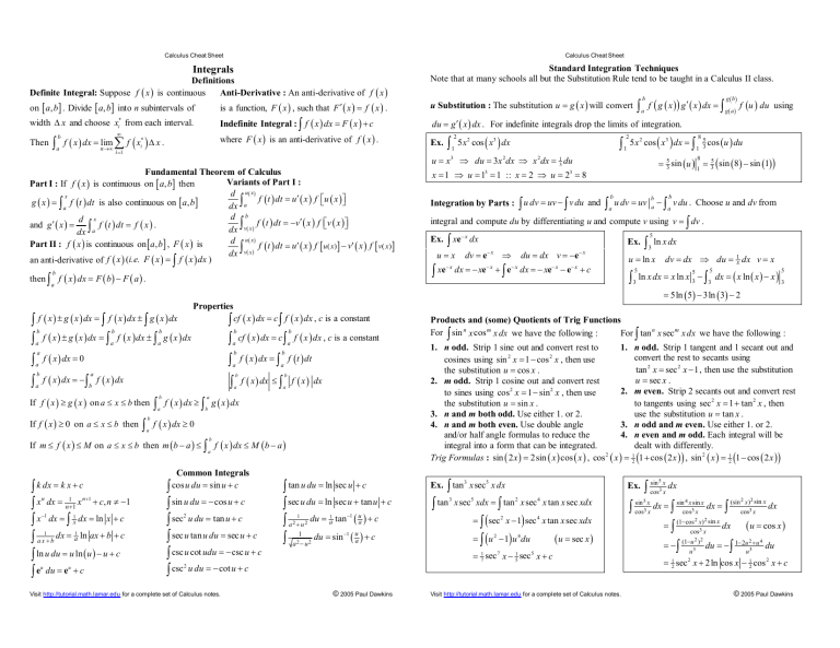 Calculus Integrals Cheat Sheet