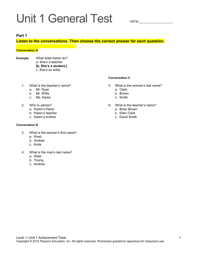 Level 1 English Achievement Test