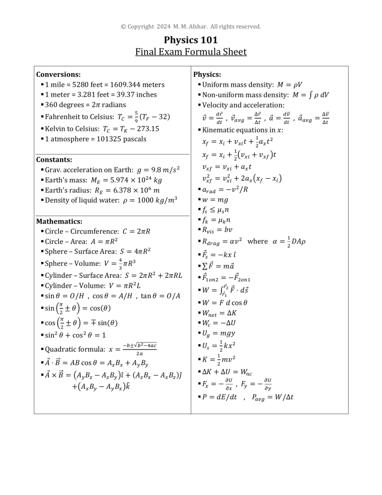 Physics 101 Final Exam Formula Sheet