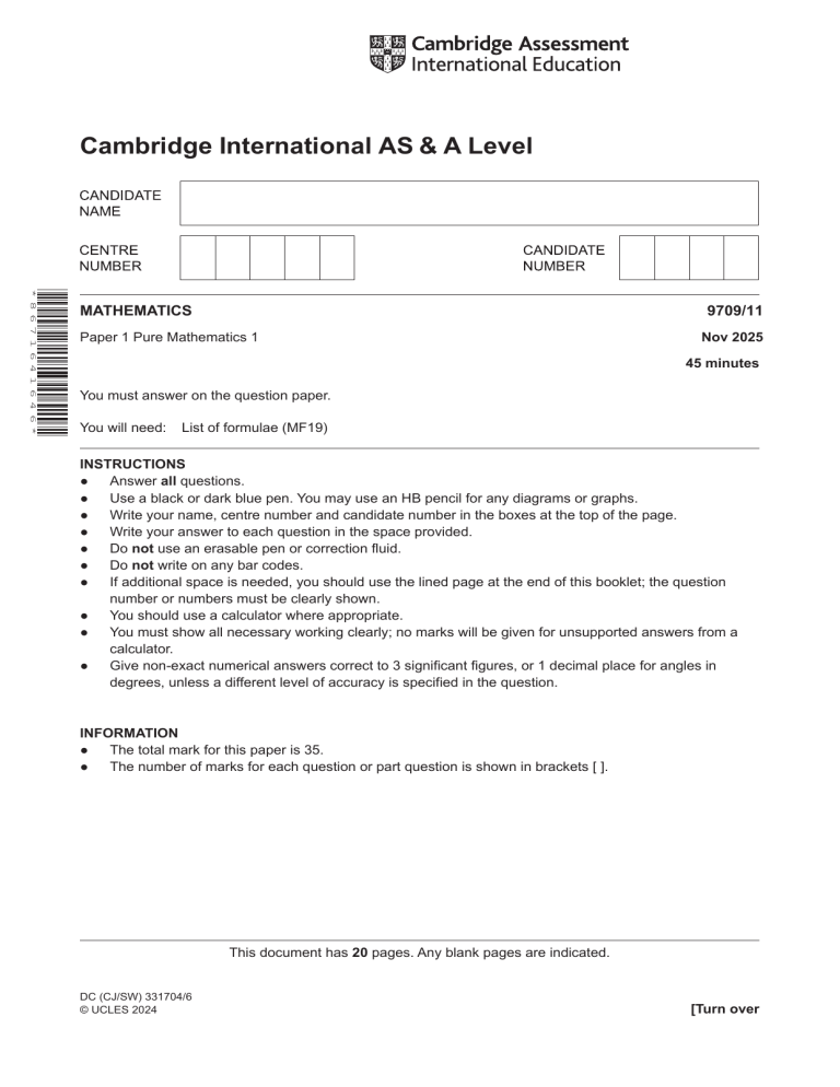 Cambridge AS & A Level Math 9709/11 Nov 2025