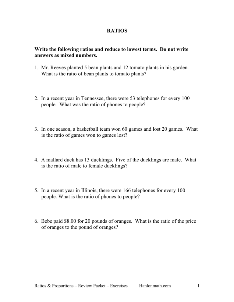Ratios & Proportions Math Worksheet