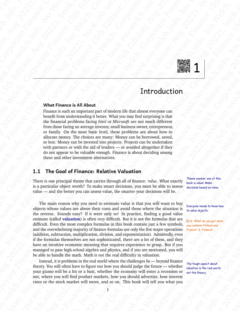 Introduction to Finance: Value and Valuation