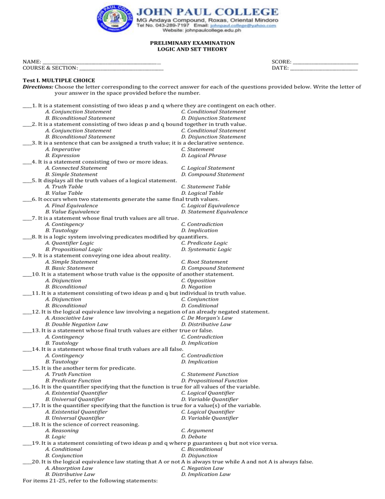 Logic & Set Theory Preliminary Exam