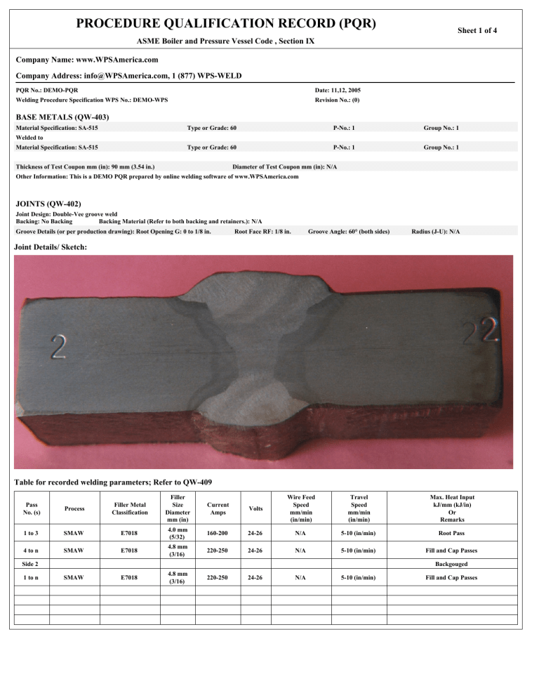 ASME Section IX PQR Demo WPSAmerica