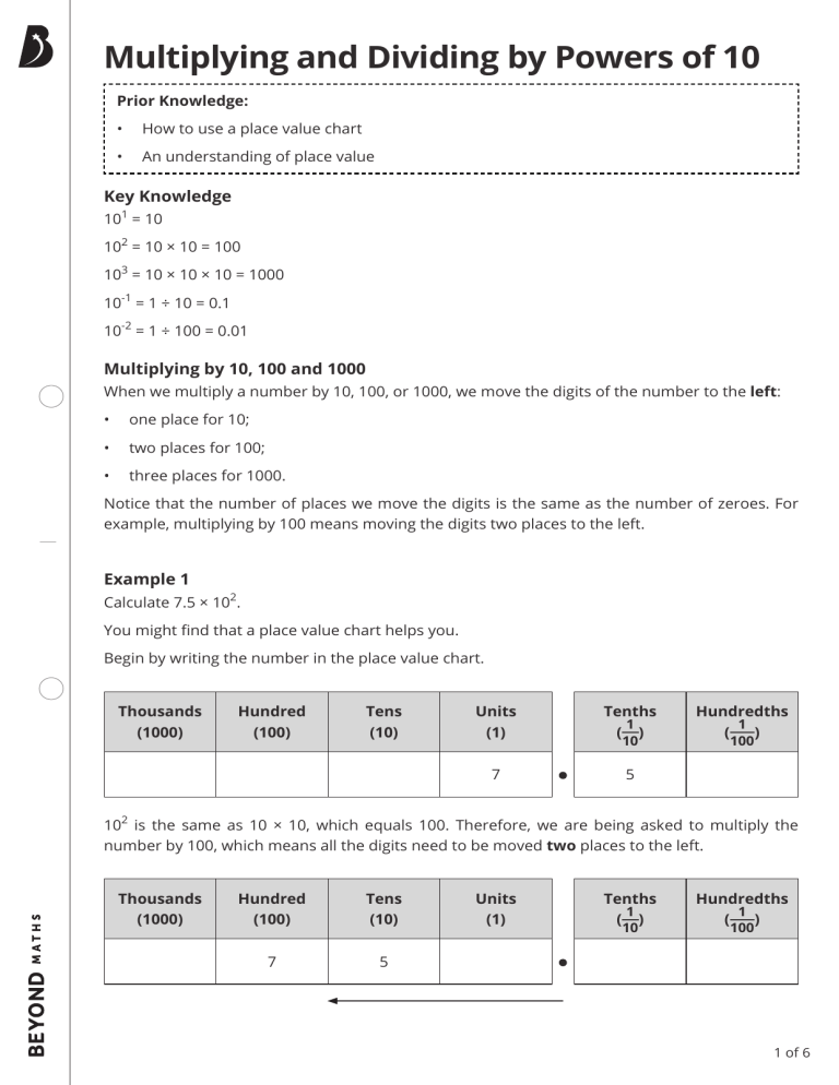 Multiplying and Dividing by Powers of 10 Worksheet