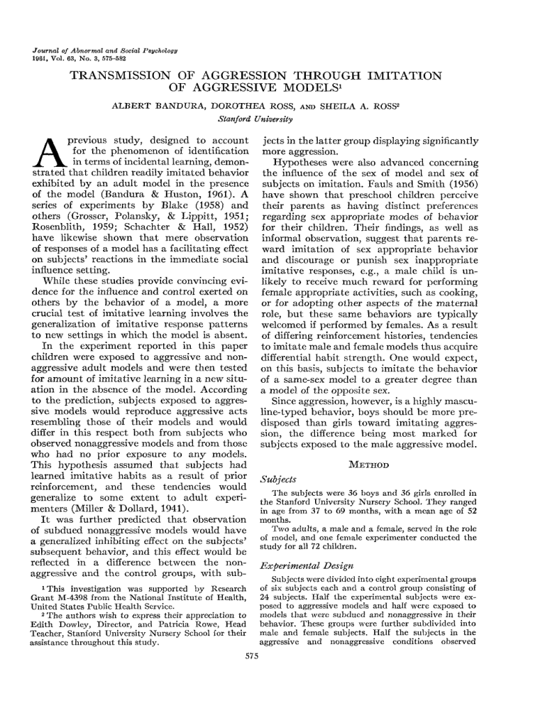 Bandura Bobo Doll Experiment Aggression Study