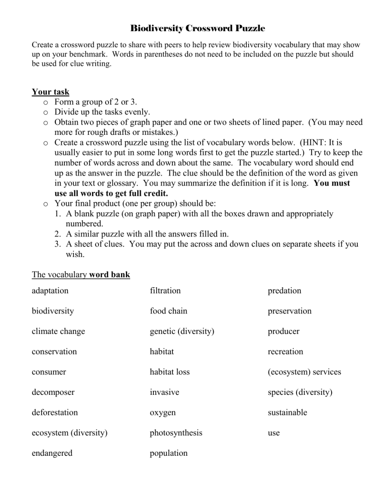 Biodiversity Crossword Puzzle Worksheet