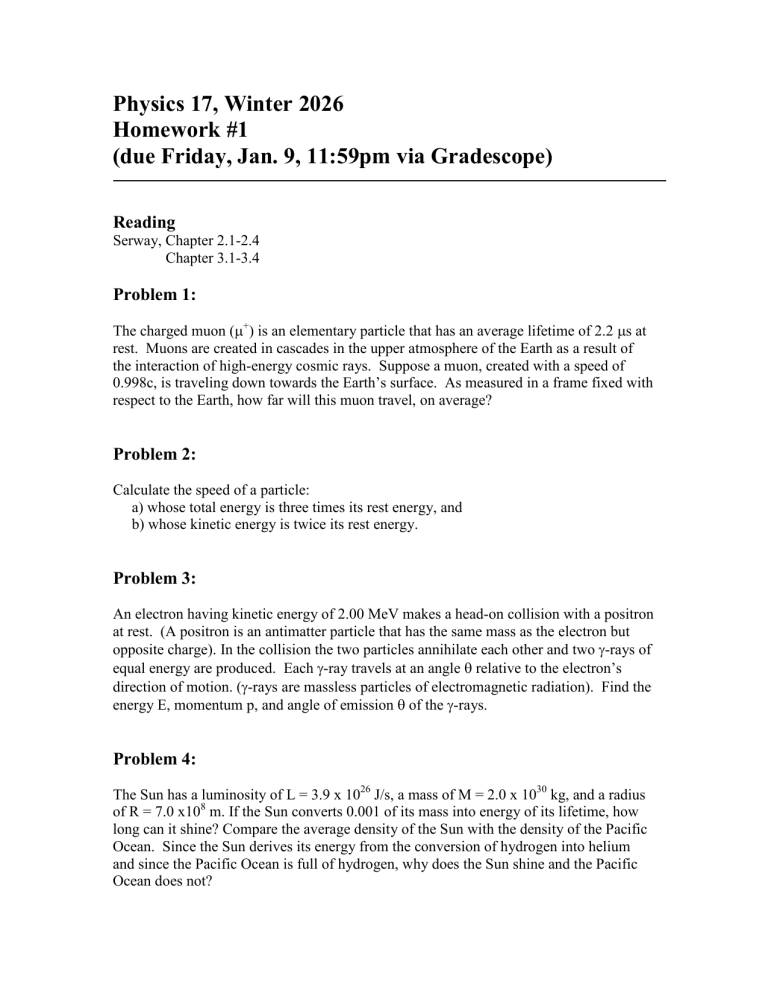 Physics 17 Homework #1 - Modern Physics