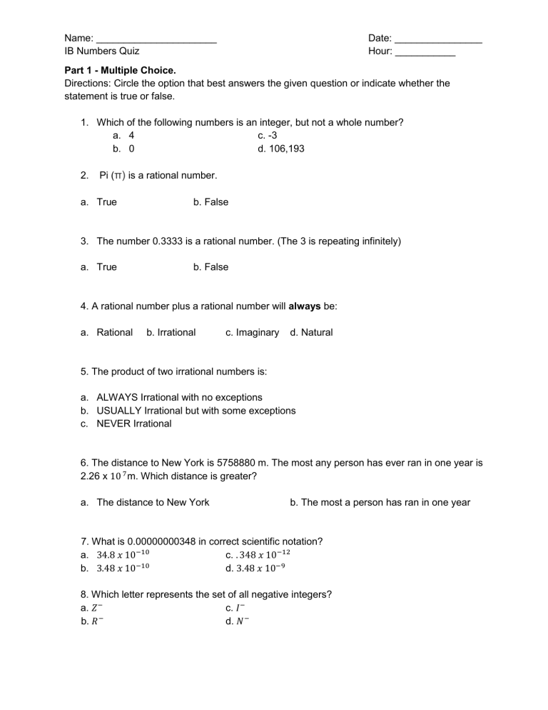 IB Numbers Quiz on Number Theory