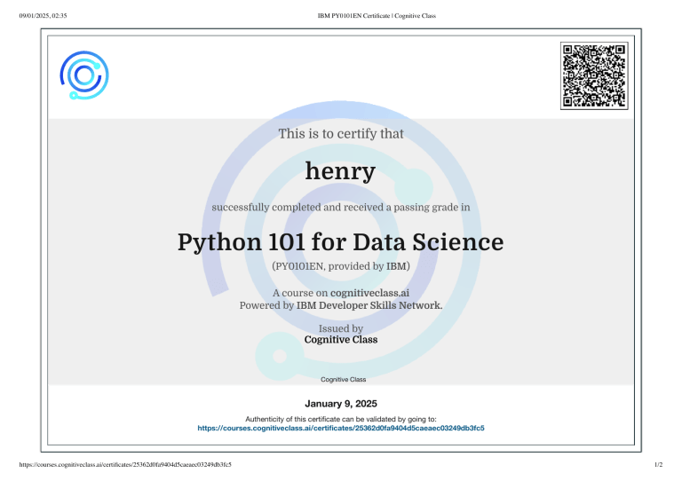 IBM PY0101EN Certificate Cognitive Class