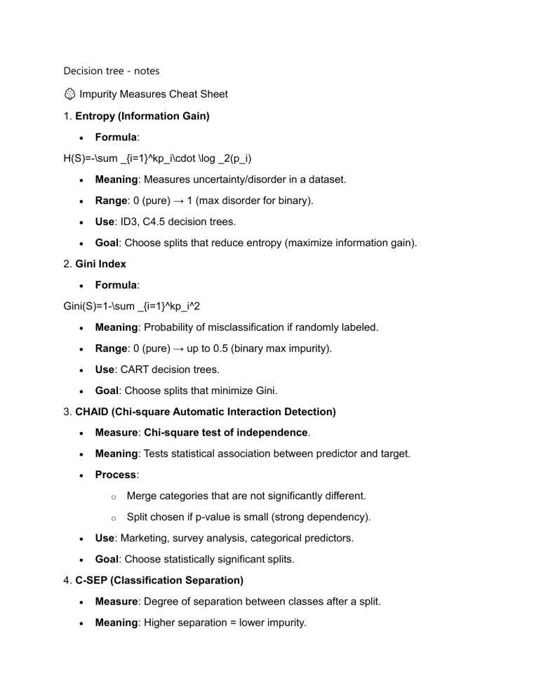 Decision Trees: Impurity Measures & Algorithms
