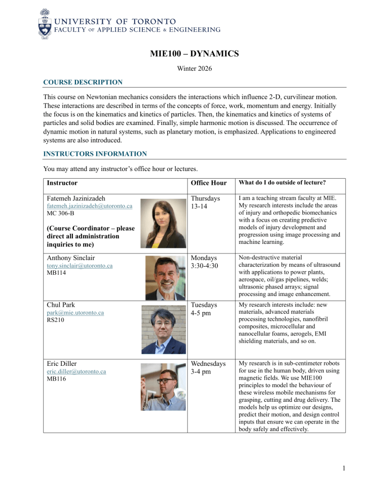MIE100 Dynamics Course Outline 2026