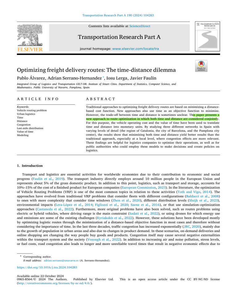 Optimizing freight delivery routes The time-distance dilemma