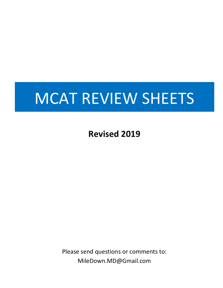 MCAT Review Sheets 2019: Complete Science & Behavioral Study Guide
