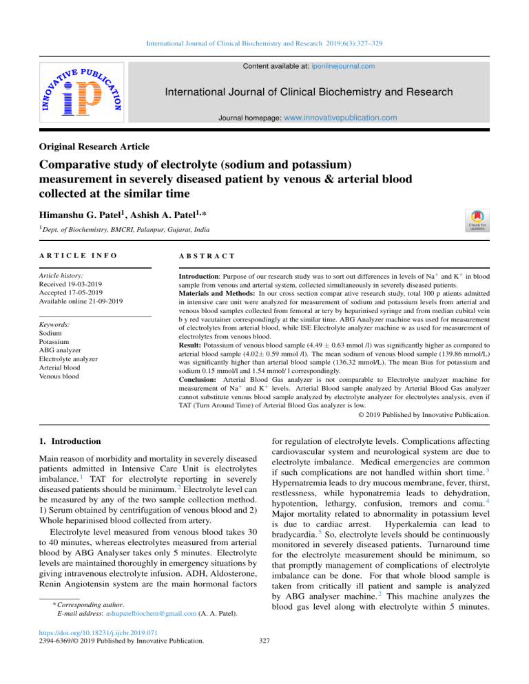 Arterial vs Venous Electrolyte Measurement Study