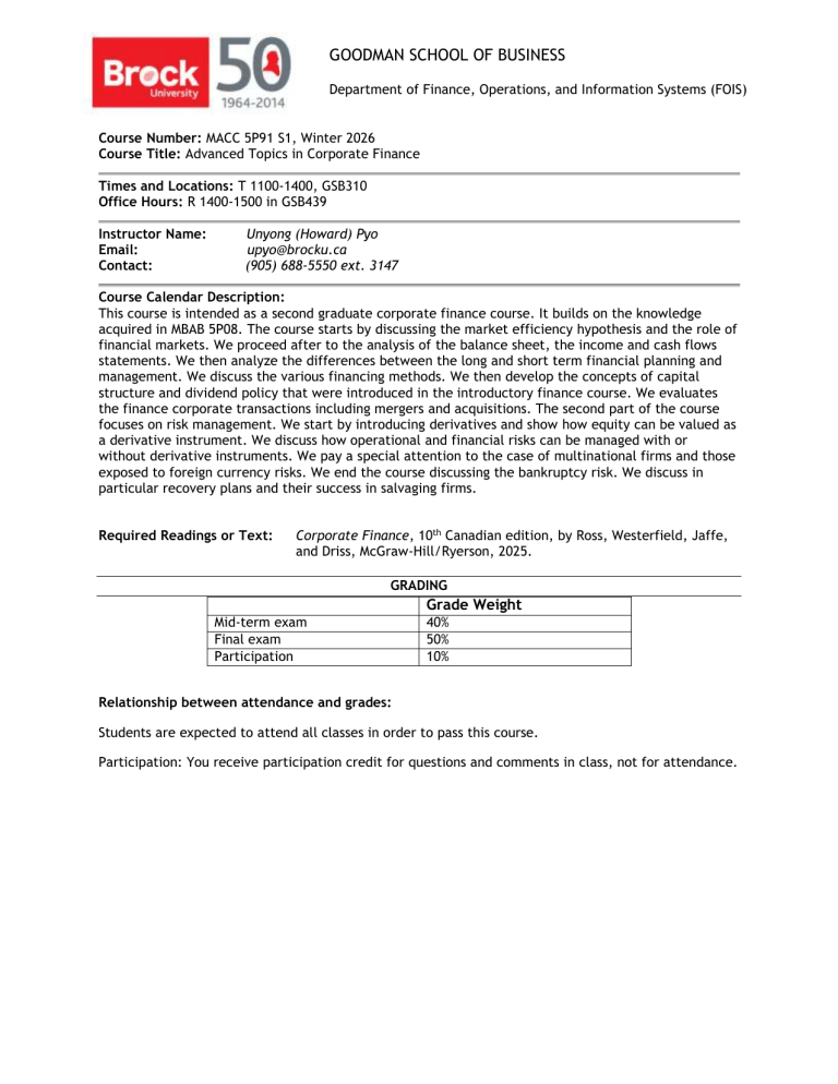 Advanced Corporate Finance Course Outline