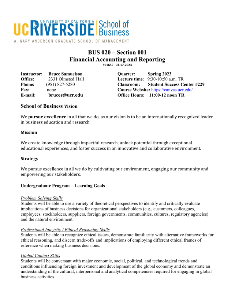 Financial Accounting Syllabus | UCR BUS 020 | Spring 2023