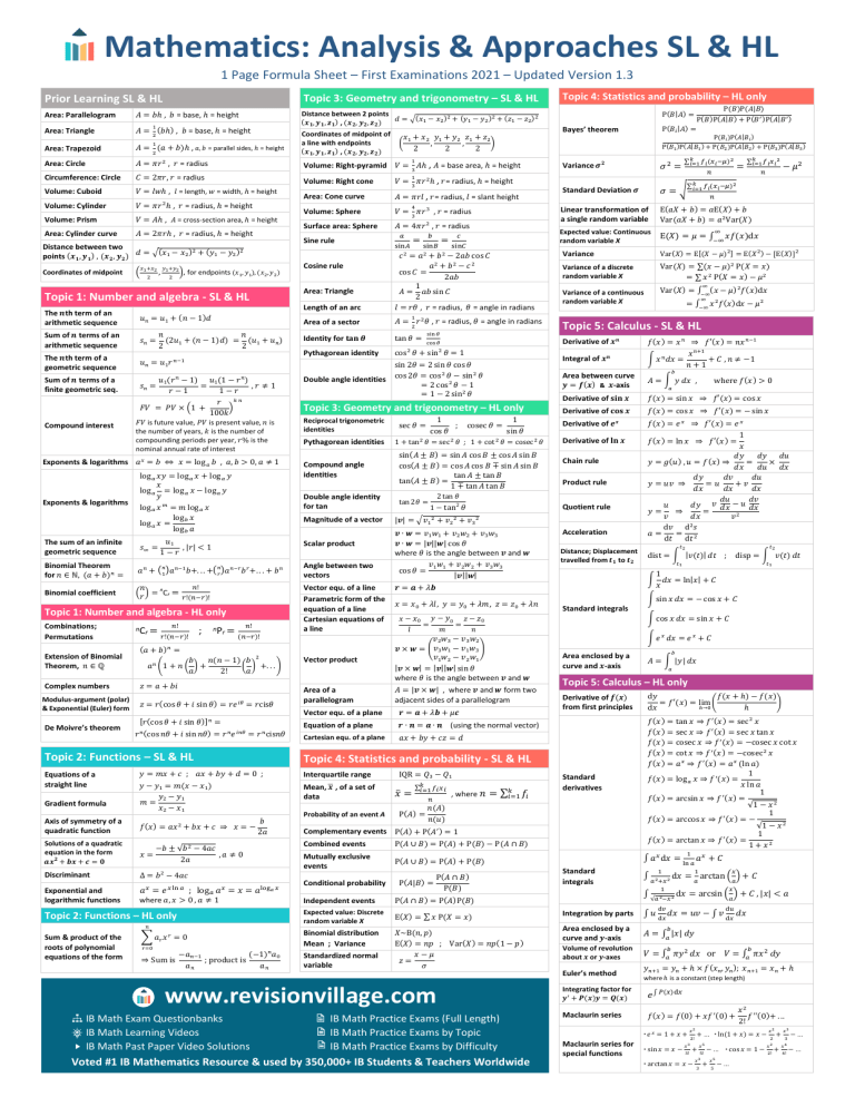 IB Math Analysis & Approaches SL HL Formula Sheet