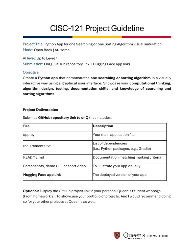 CISC-121 Algorithm Visualization Project Guideline