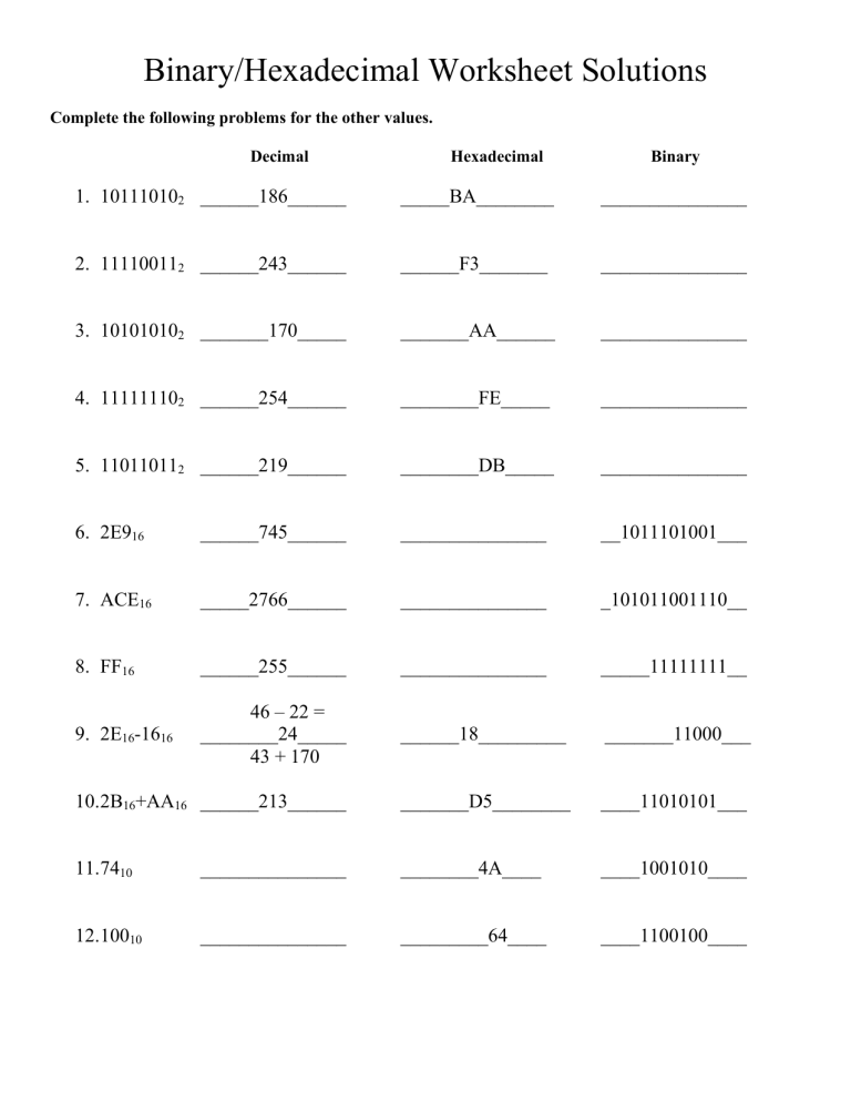 Binary Hexadecimal Conversion Worksheet