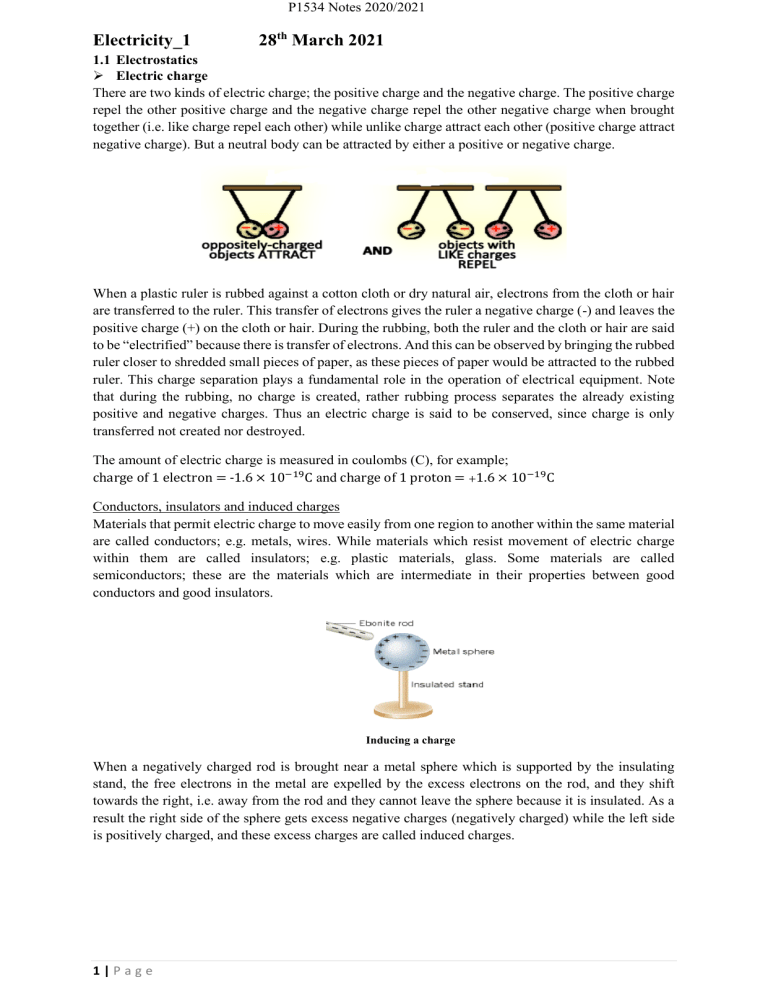 Electrostatics Lecture Notes: Charge, Field & Potential
