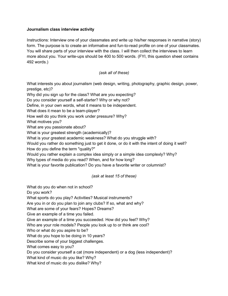 Journalism Class Interview Activity Worksheet
