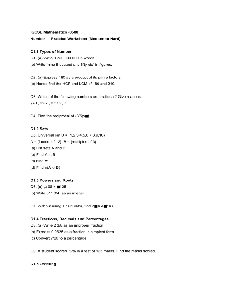 IGCSE Maths 0580 Worksheet