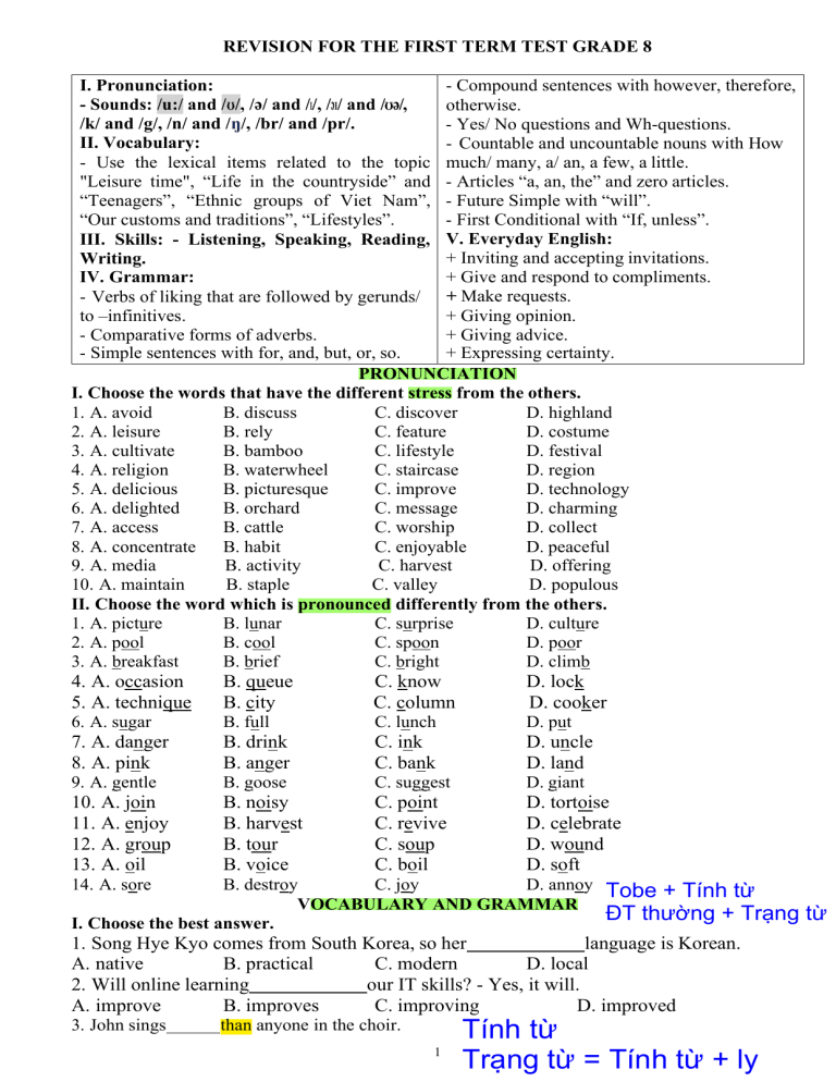 Grade 8 English Term Test Review