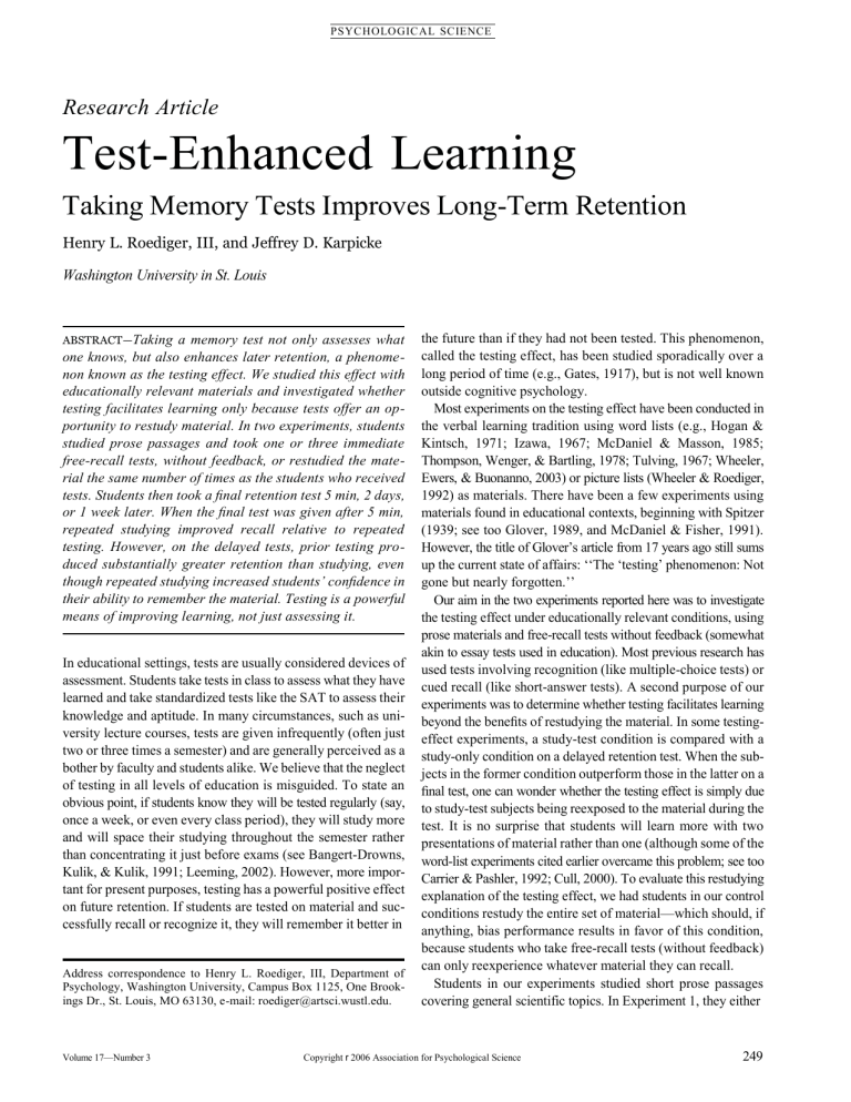Test-Enhanced Learning: Improving Long-Term Retention