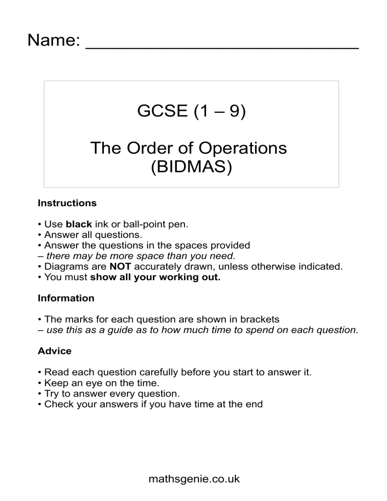 GCSE Maths BIDMAS Worksheet