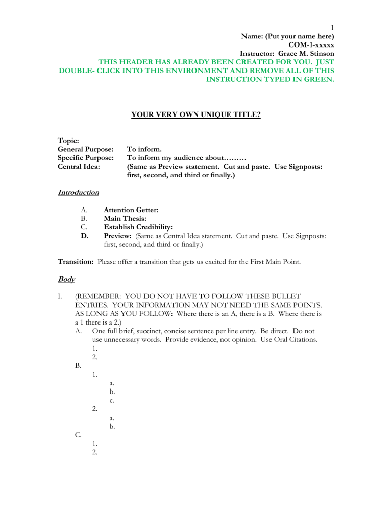 Public Speaking Outline Template
