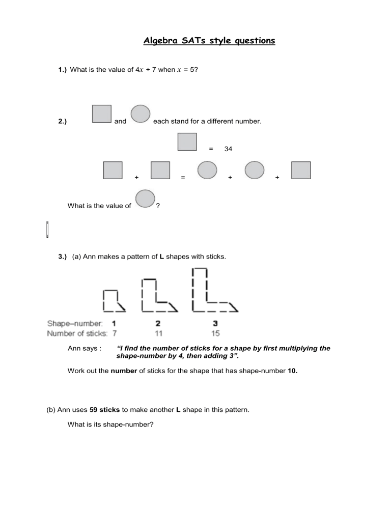 Algebra Practice Worksheet PDF