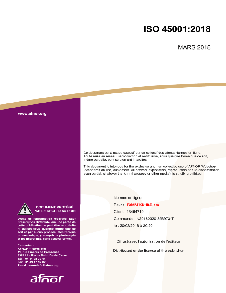 Norme ISO 45001:2018 Systèmes de Management S&ST