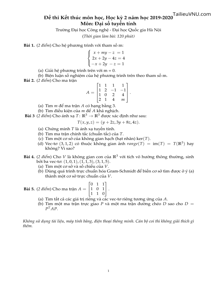 Linear Algebra Final Exam 2019-2020 VNU