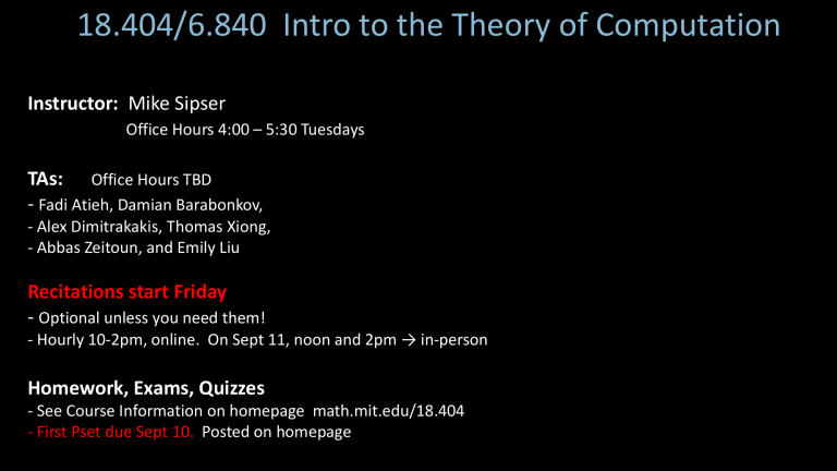 Theory of Computation: MIT 18.404 Intro