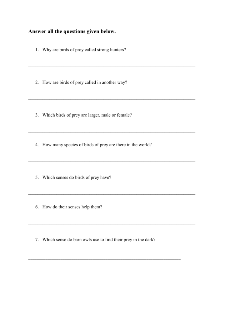 Birds of Prey Worksheet for Kids
