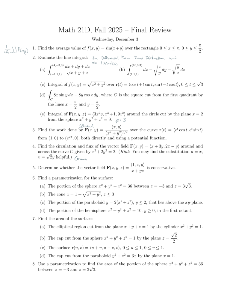 Math 21D Final Review: Multivariable Calculus