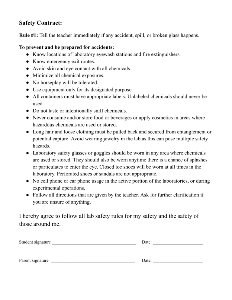Laboratory Safety Contract for Students
