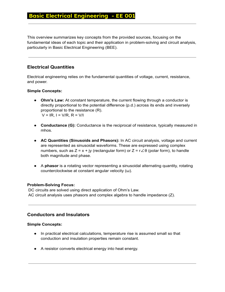 Basic Electrical Engineering Lecture Notes