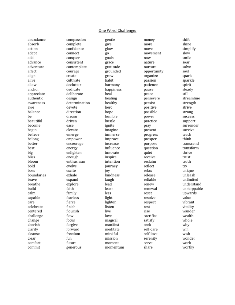 One Word Challenge: Positive Vocabulary List